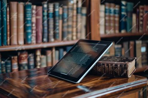 A Tablet Displaying A Digital Textbook Sits On A Wooden Table In Front Of A Bookshelf Filled