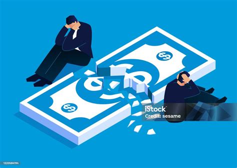 깨진 지폐 파산 금융 위기 경제 소득 감소 옆에 앉아 있는 두 명의 고민하고 절망적인 사업가 빈곤에 대한 스톡 벡터 아트 및 기타 이미지 Istock