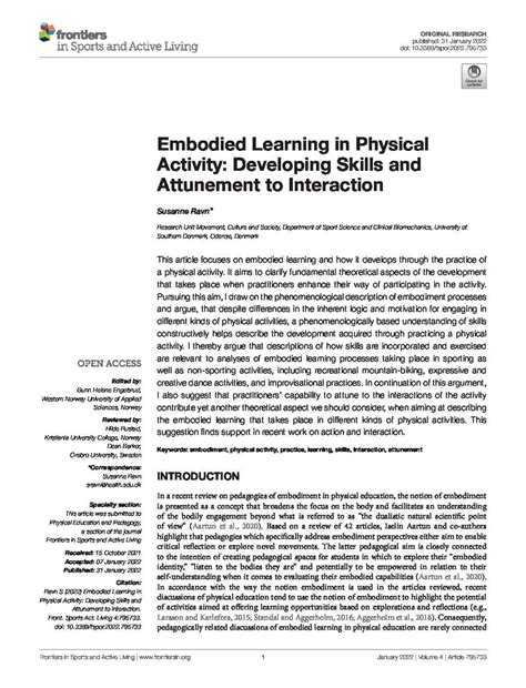 Embodied Learning In Physical Activity Developing Skills And Atunement