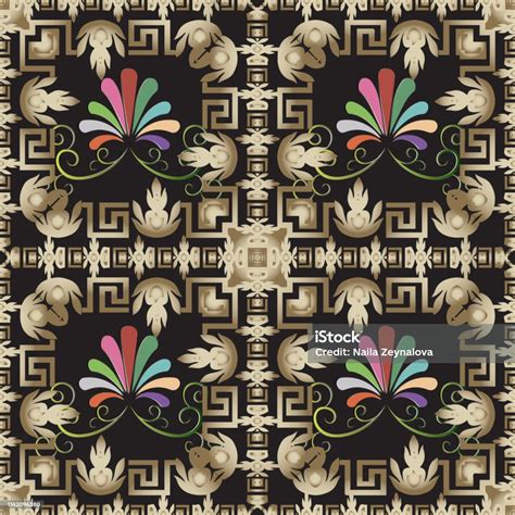 바로크 스타일 꽃 그리스어 벡터 원활한 패턴입니다 기하학적 장식 체크 무늬 배경입니다 빈티지 화려한 꽃 나뭇잎 소용돌이 그리스