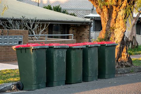 호주 쓰레기 바퀴달린 쓰레기통에는 길가에 있는 일반 가정용 쓰레기가 들어서자 쓰레기 수거를 위한 다채로운 뚜껑이 있습니다 가정