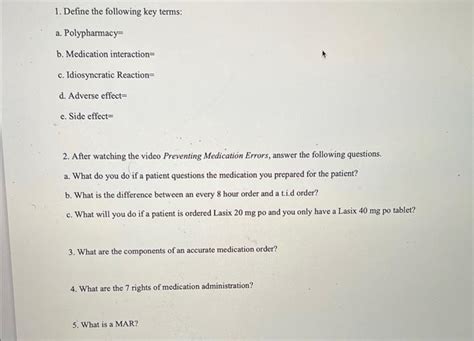 Solved 1 Define The Following Key Terms A Polypharmacy