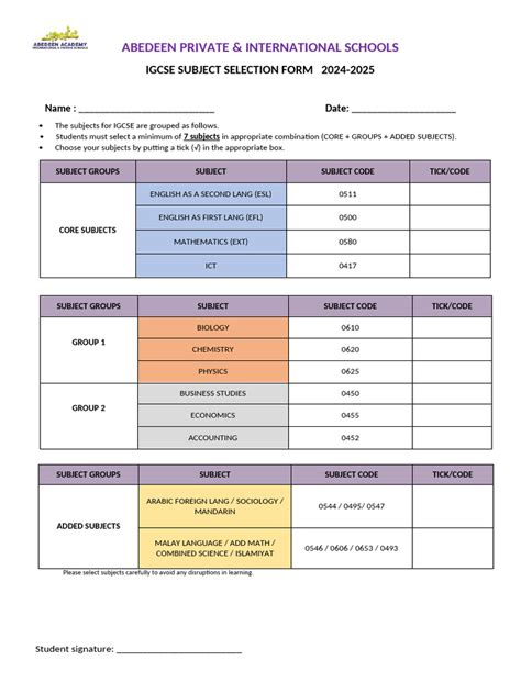 Igcse Subject Selection Form Ready Pdf