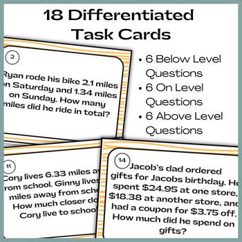 Add And Subtract Decimals In Word Problems Differentiated Task Cards Activity