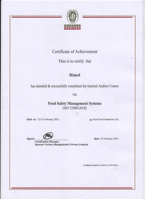 rimel ahamed on linkedin internal audit course certificate on fsms iso 22000 2018 thanks to kfil…