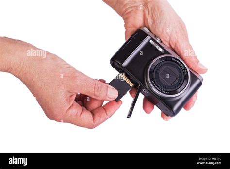Insert Memory Card Into The Camera Woman S Hands On A White Background Stock Photo Alamy
