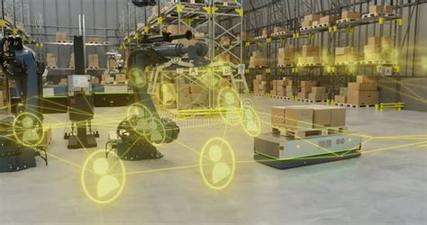 Robotic Arms And Automated Vehicles In Warehouse With Network Connections Animation Stock