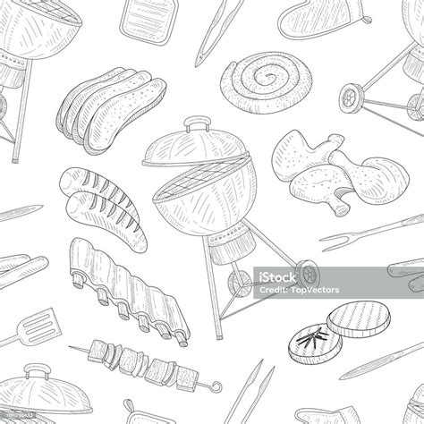 바베큐와 그릴 원활한 패턴 손으로 그린 음식 모든 주위에 개념에 대한 스톡 벡터 아트 및 기타 이미지 개념 고기 굽기 Istock