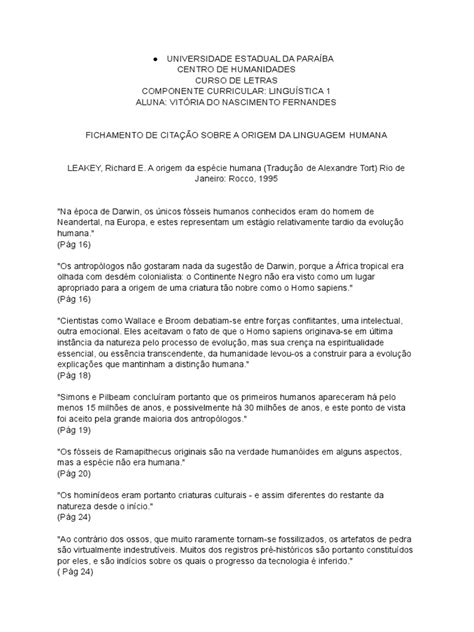 Fichamento A Origem Da Linguagem Humana Pdf Humano Bipedalismo