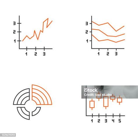 차트 및 그래프 선형 아이콘 세트입니다 값이 증가하는 방사형 다이어그램입니다 지역 차트 수직 산란 히스토그램 가는 선 윤곽심 격리된 벡터 개요 그림입니다 편집 가능한