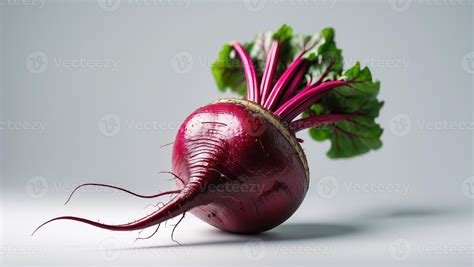 Bright Red Beetroot With Green Tops On A Light Background Showcasing