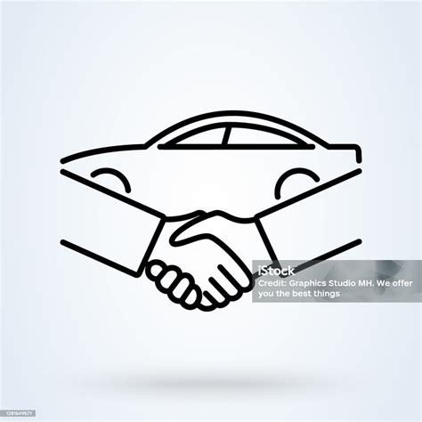 핸드 셰이크 사인 라인 아이콘 또는 로고와 자동차 거래 비즈니스 흔들리는 개념 거래 악수 벡터 선형 일러스트를 만드는 자동차 딜러 교통수단에 대한 스톡 벡터 아트 및 기타