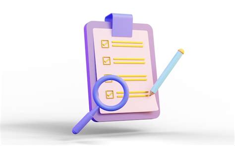 흰색 배경 3d 렌더링 개념에 Megnifyglass 및 연필 기호가 있는 문서 클립보드 프리미엄 Psd 파일