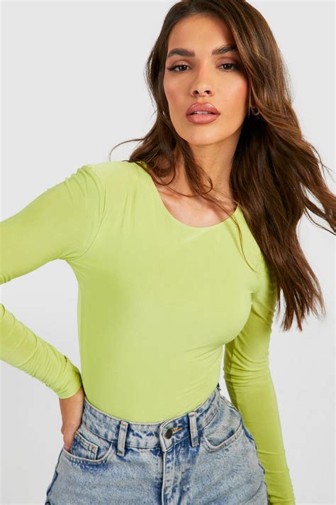 Double Layer Slinky Long Sleeve Crew Neck Bodysuit Boohoo