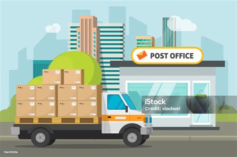 도시 거리 및화물 트럭로드 소포 상자 벡터 일러스트 평면 만화 우체국 저장 건물 및 배달 자동차 운송 또는 배달에 우체국 거리에 대한 스톡 벡터 아트 및 기타 이미지