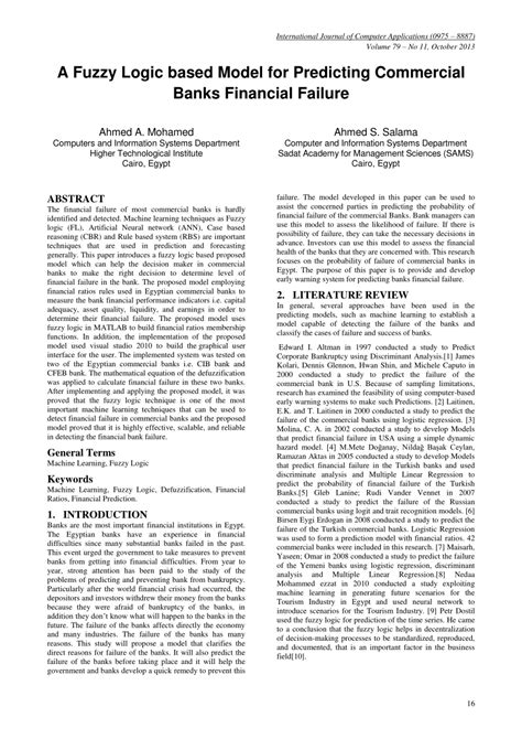 Pdf A Fuzzy Logic Based Model For Predicting Commercial Banks