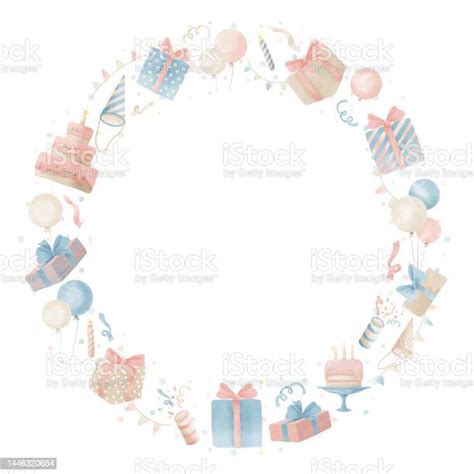 생일 축하를 위한 라운드 프레임 수채화 손으로 그린 템플릿에는 풍선과 축하 선물이 있습니다 격리된 배경에 인사말 카드 또는 초대장을 위한 케이크와 화환이 있는 그림 선물