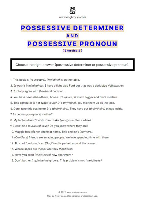 Possessive Determiner Vs Possessive Pronoun Esl Worksheets