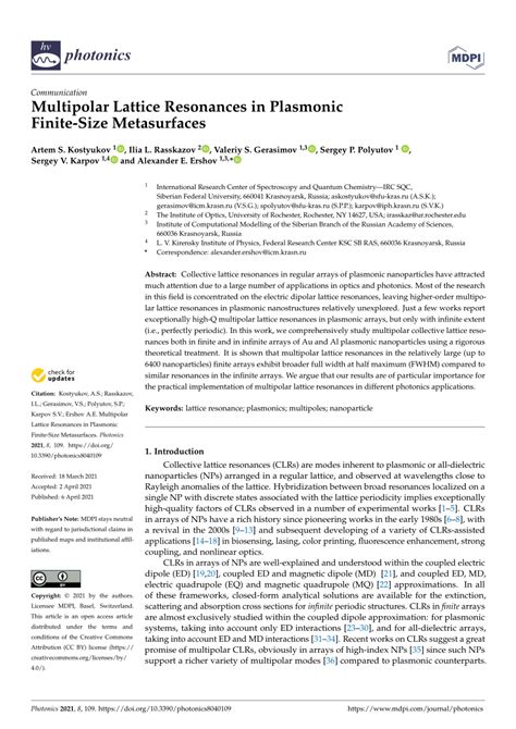 Pdf Multipolar Lattice Resonances In Plasmonic Finite Size Metasurfaces