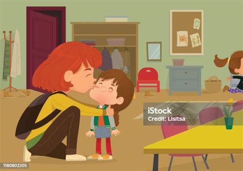 Illustration Dune Mère Donne Un Baiser Dadieu À Sa Fille Maman Donne Un
