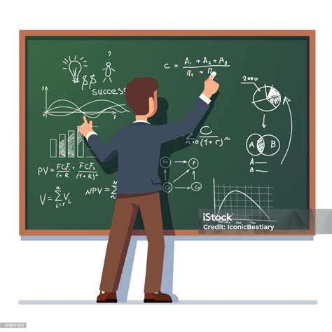 비즈니스 스쿨 교수는 설명 하 고 클래스 칠판에 수식을 작성 교육 평면 벡터 클립 아트 그림입니다 교사 교육 관련 직업에 대한 스톡 벡터 아트 및 기타 이미지 Istock