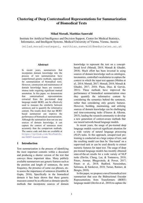 Pdf Clustering Of Deep Contextualized Representations For Summarization Of Biomedical Texts
