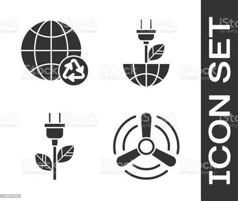 풍력 터빈 행성 지구 및 재활용 전기 절약 플러그 인 리프 및 전기 절약 플러그 인 리프 아이콘을 설정합니다 벡터 0명에 대한 스톡 벡터 아트 및 기타 이미지 Istock
