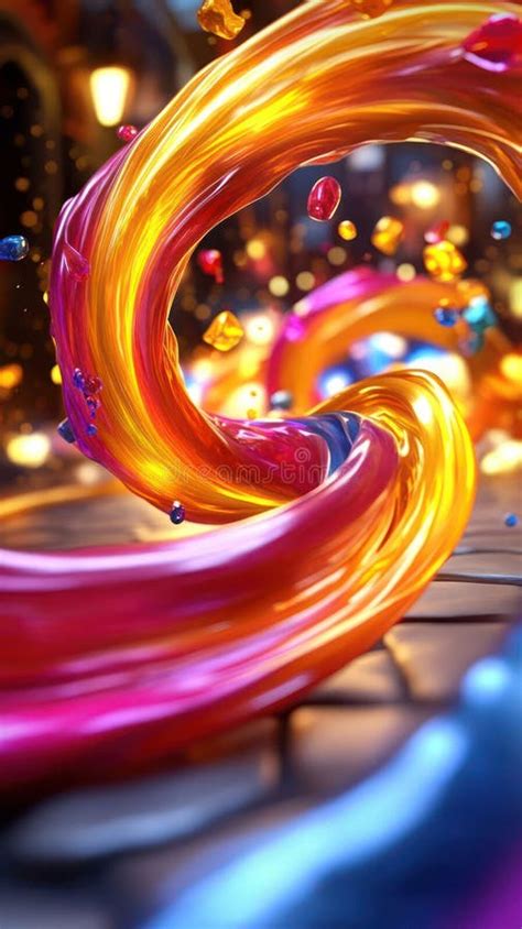A Vibrant Swirl Of Colorful Fluid Shapes And Particles Creating A Dynamic Abstract Scene Stock