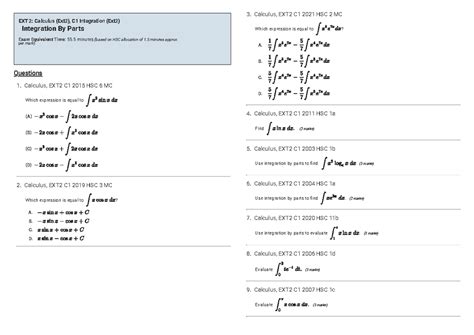X2 Integration By Parts Compilation W Solutions 1 Calculus Ext2 C1