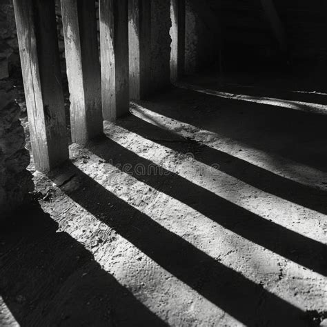shadows cast by the slanted posts creating a haunting atmosphere black and white art stock