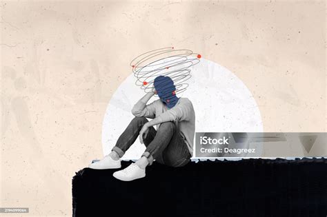 트렌드 아트 워크 복합 스케치 이미지 3d 사진 콜라주 슬픈 내장 머리가없는 가장자리 절벽에 앉아 불행한 머리 근처에서 손을