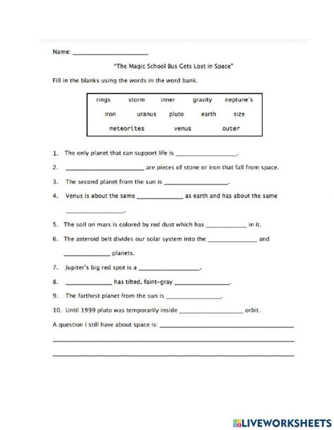 Magic School Bus Gets Lost In Space Worksheet Printable Pdf Template