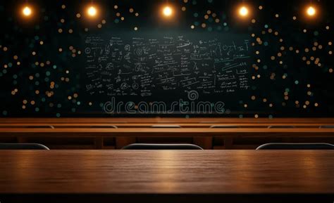 Classroom Setting With Blackboard Filled With Mathematical Formulas And Equations Illuminated