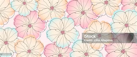 파란색 노란색 분홍색 꽃이 있는 섬세한 귀여운 꽃 배경 장식 표지 월페이퍼 카드 및 프리젠테이션을 위한 배경 0명에 대한 스톡