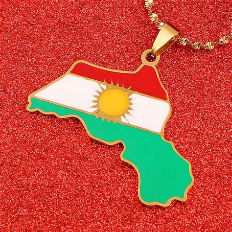 Big Size Kurdistan Region Map Pendant Necklaces Kurdish Flag Gold Color Koerdistan Jewelry Wish