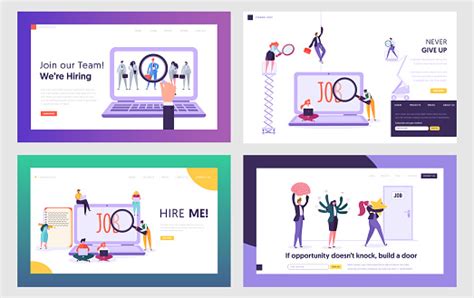 구직자 검색 작업 웹사이트 랜딩 페이지 템플릿 세트 사람들은 인터넷에서 직업을 고용 청중 인터뷰를 기다리고 작업 기회 웹 페이지 만화 평면 벡터 일러스트 레이 션 배너