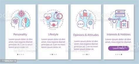 선형 개념으로 모바일 앱 페이지 화면 온보딩을 대상으로 하는 심리학 성격 라이프 스타일 연습 단계 그래픽 지침 Ux Ui 그림이 있는 Gui 벡터 템플릿 개념에 대한 스톡