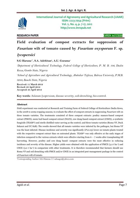 Ppt Field Evaluation Of Compost Extracts For Suppression Of Fusarium Wilt Of Tomato Caused By