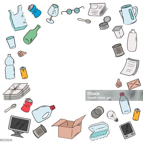 쓰레기 분리수거 및 재활용 흰색 배경에 텍스트를 위한 정사각형 프레임 구성입니다 폐기물 분리 색 벡터입니다 개념에 대한 스톡 벡터 아트 및 기타 이미지 Istock