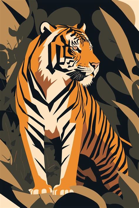 Tiger In Flat Vector Style For Poster Wall Art Decor Boho Illustration