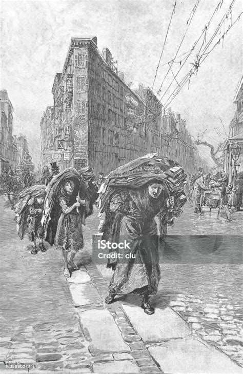 뉴욕시 1890 년 동쪽 아래 재단사의 가족은 그에게 등에 무겁게 적재 된 의복을 가져옵니다 재단사에 대한 스톡 벡터 아트 및 기타 이미지 Istock