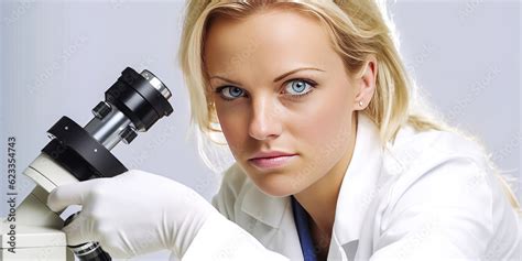 Empowering Image Of A Blonde Woman In White Lab Coat Focused On Her Microscope Symbolizing