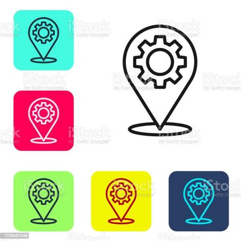 검은 선 흰색 배경에 격리 된 기어 아이콘위치 색상 정사각형 버튼으로 아이콘을 설정합니다 벡터 일러스트레이션 개념에 대한 스톡