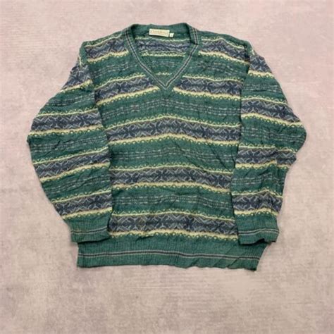 Vintage Knitted Jumper Abstract Patterned V Neck Grandad Knit Sweater