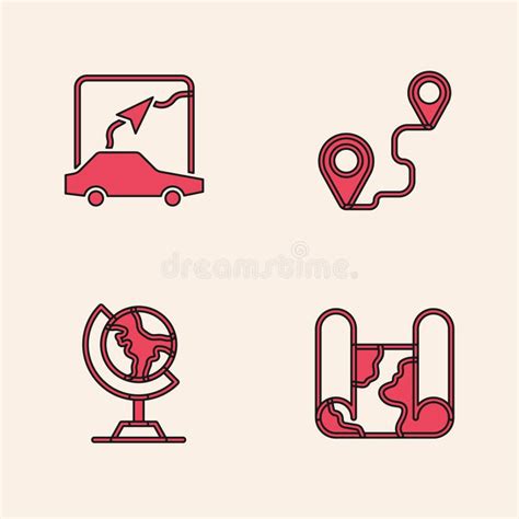 Set Folded Map City Navigation Route Location And Earth Globe Icon
