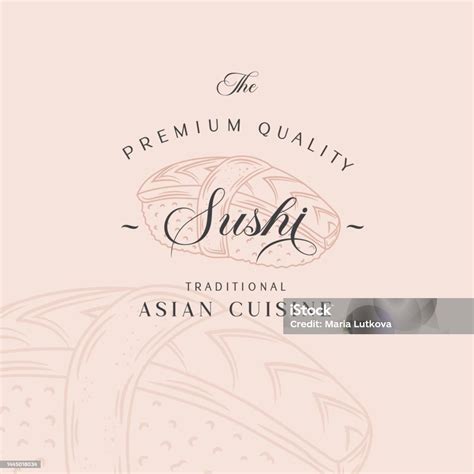 아시아 음식 추상 로고 템플릿입니다 손으로 그린 스시 사시미 롤과 현대적인 타이포그래피 일본 요리 벡터 엠블럼 개념입니다 격리 개념에 대한 스톡 벡터 아트 및 기타 이미지