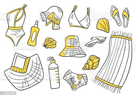 손으로 그린 스타일의 여름 아이템 세트 간단한 미니멀리스트 디자인 아이콘 해변 수영복 파나마 모자 선글라스 수건 물병 껍질 플립 플롭 자외선 차단제 비치 위커 백 비키니 및