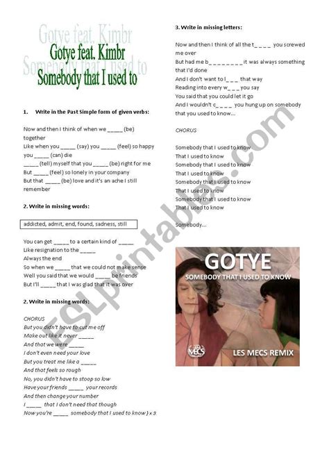Gotye Somebody That I Used To Know Esl Worksheet By Pawag