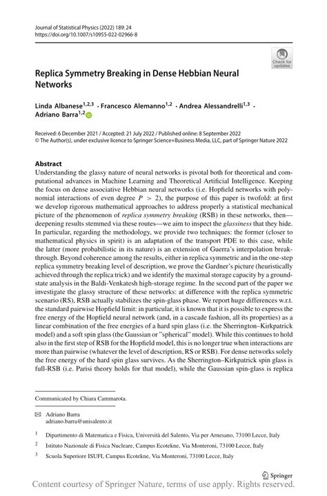 Replica Symmetry Breaking In Dense Hebbian Neural Networks Request Pdf