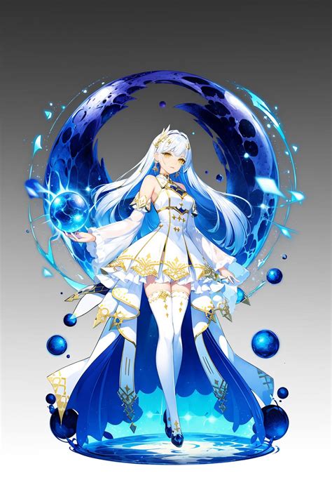 흰색 드레스와 파란색 망토를 입은 여성이 원형 물체 앞에 서 있습니다 Seaart Ai